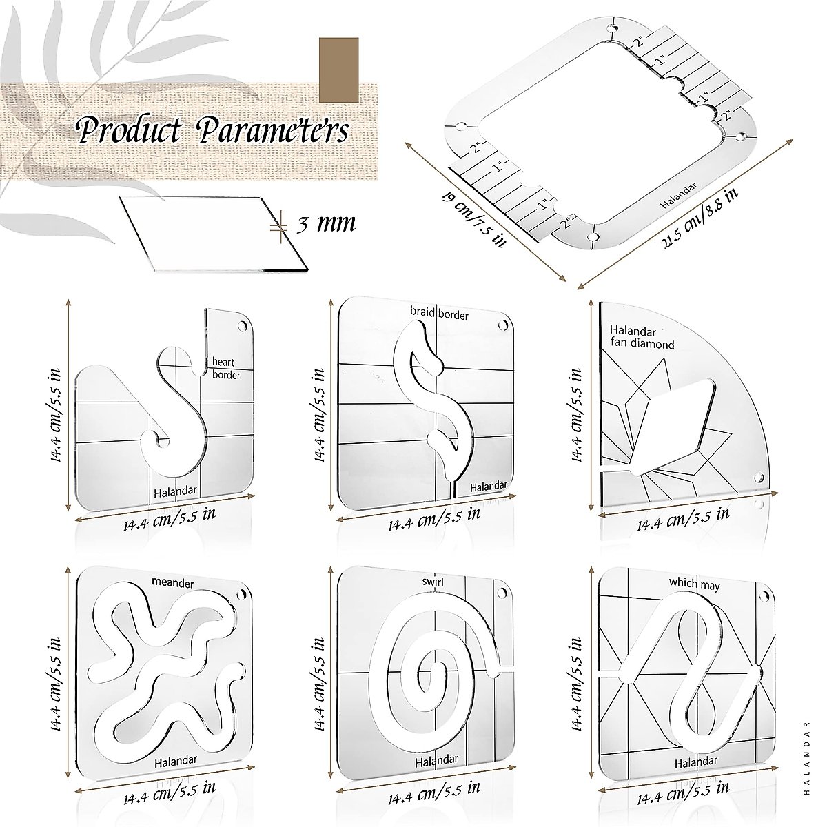 Halandar 6 Pcs Free Motion Quilting Template Series with 1 Quilting Frame 1 Ruler Foot 15 Non-Slip Mats 1 Instruction, 3mm Acrylic Templates for DIY Quilting Tool on Sewing Machine Ruler