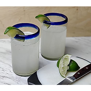 Hand Blown Mexican Drinking Glasses - Set of 6 Glasses with Cobalt Blue Rims (14 oz each)