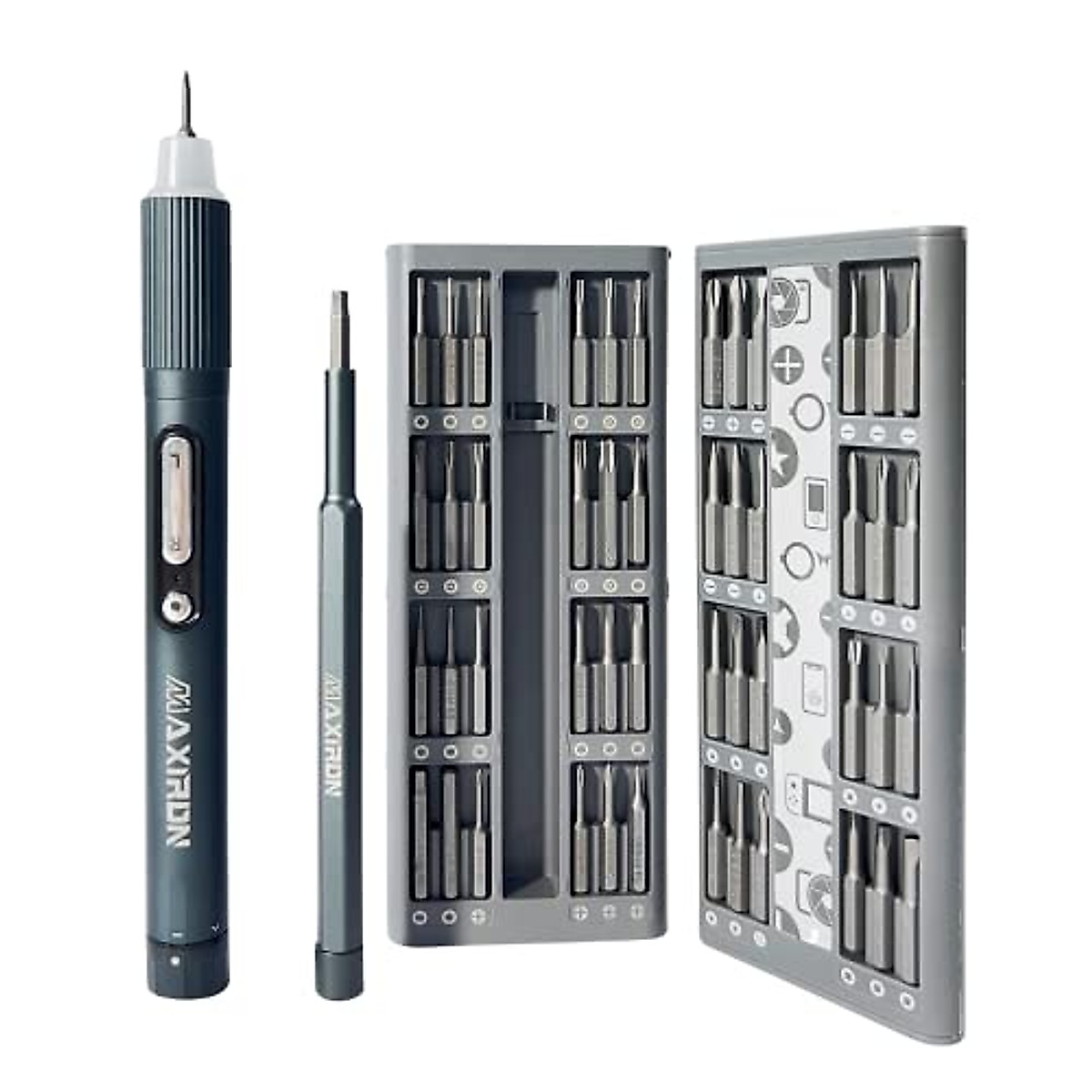 MAXIRON Advanced Mini Electric Screwdriver - 48pc Magnetic Driver Bit Set, 3 Unique Torque Levels, Rechargeable, Independent LED Light - Precision Tool for Phones, Laptops, Watches, & Electronics