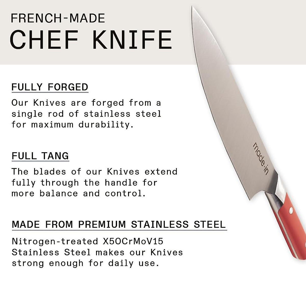 Made In Cookware - 8" Chef Knife - Crafted in France - Full Tang With Pomme Red Handle