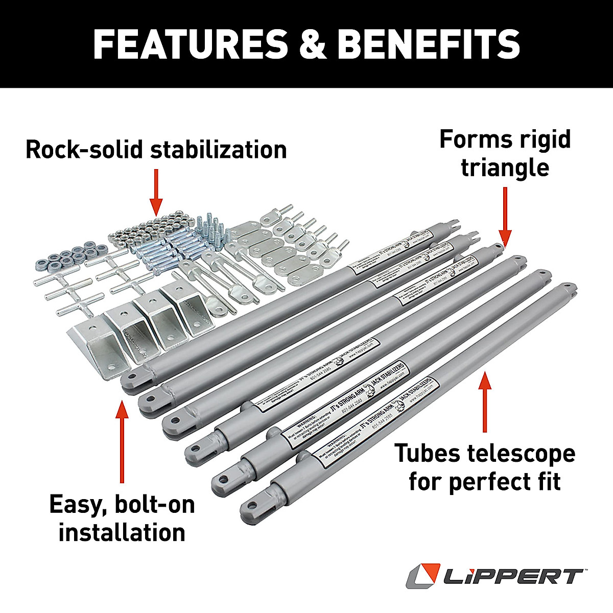 JT's Strong Arm Travel Trailer Jack Stabilizer Kit, Bolt-On Installation, Universal Compatibility, Telescoping Tubes, Eliminates Chassis Movement - 191025