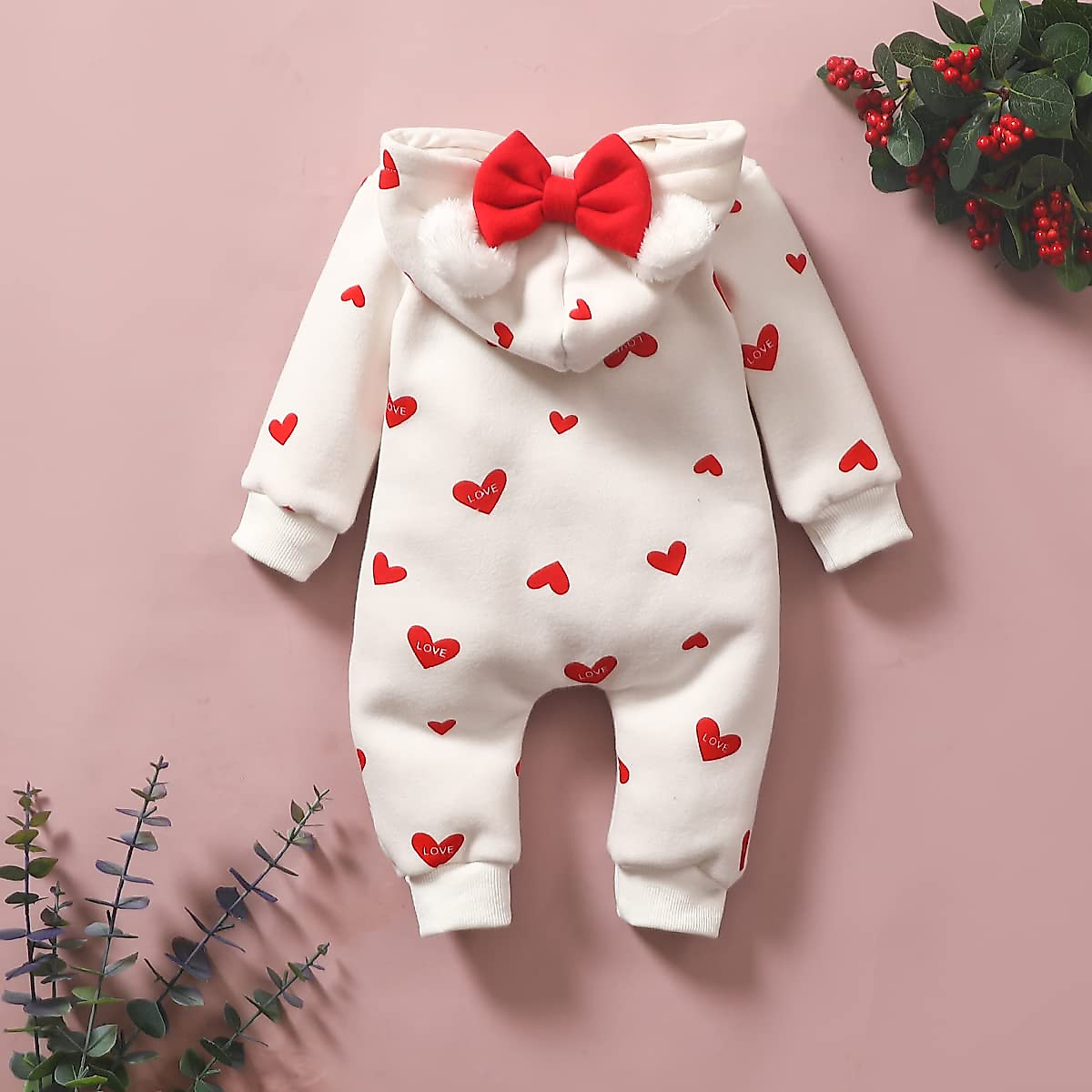 Newborn Baby Girl Valentine's Day Outfits Zipper Love Heart Hooded Romper Jumpsuit Fall Winter One Piece Clothes
