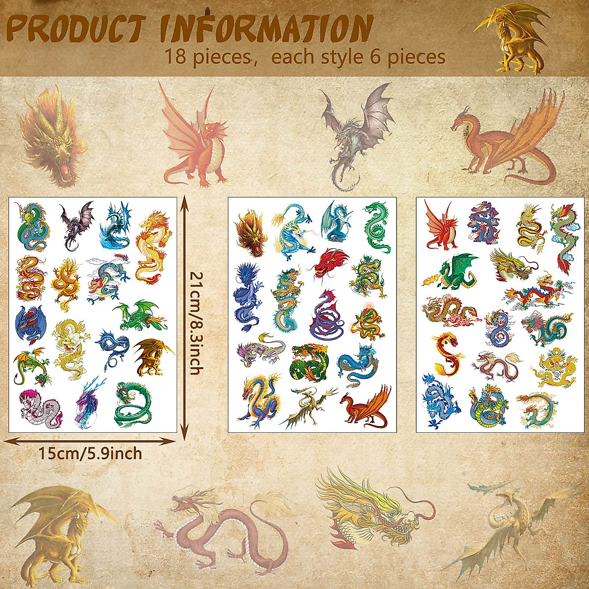 288 Pieces 18 Sheets Dragon Temporary Dragon Stickers Dragon for Kids Dragon Party Favor Supplies Decor