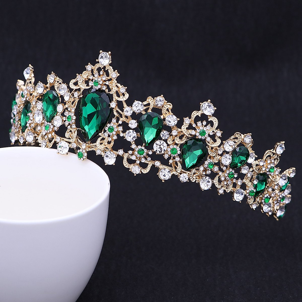 Frcolor Royal Crystal Tiara Green Rhinestone Queen Tiara Wedding Crown Princess Hair Accessories for Bridal (Emerald Color)