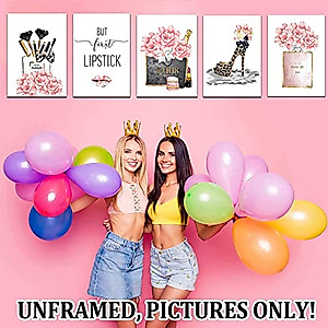 Lodintech Fashion Canvas Wall Art Girls Bedroom Wall Decor Pink Flower Perfume Unframed Art Prints Fashion Posters Living Room Women Office Decorations Red Lip Makeup Brush High Heels Painting (5pcs 8x12'')