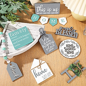 FairySandy 11 Pcs Farmhouse Tiered Tray Decor Home Wood Sign Rustic Simply Blessed Wooden Beads Tiered Tray Decorations Set for Home Kitchen Table