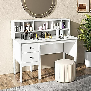 Tangkula White Desk with Drawers & Hutch, Modern Home Office Desk Writing Study Desk with Charging Station, Laptop Desk with 5 Storage Compartments, Computer Workstation Makeup Vanity Desk