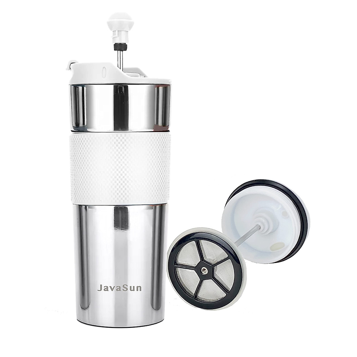 JavaSun French Press Travel Mug 16oz, Large Deluxe Coffee and Tea maker (White)