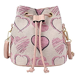ZLM BAG US Women Girls Faux Leather Drawstring Bucket Bag Pink Heart Print Hobo Shoulder Purse Mini Crossbody Bag