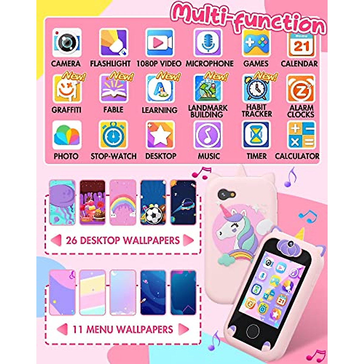 Joozfee Kids Smart Phone for Girls Unicorns Gifts for Girls Toys 8-10 Years Old Phone Touchscreen Learning Toy Christmas Birthday Gifts for 3 4 5 6 7 8 9 Year Old Girls with 8G SD Card (Unicorns)