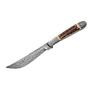 SZCO Supplies 9” Slim Damascus Steel Frontier Hunting Knife with Leather Sheath, Multicolor, One Size, DM-1024