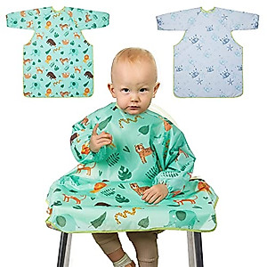 Lictin Coverall Baby Feeding Bibs - 2-Pack Long Sleeve Baby Bibs for Eating, Adjustable Weaning Bibs, Waterproof Bib Attaches and Fully Cover to Baby Highchair and Table