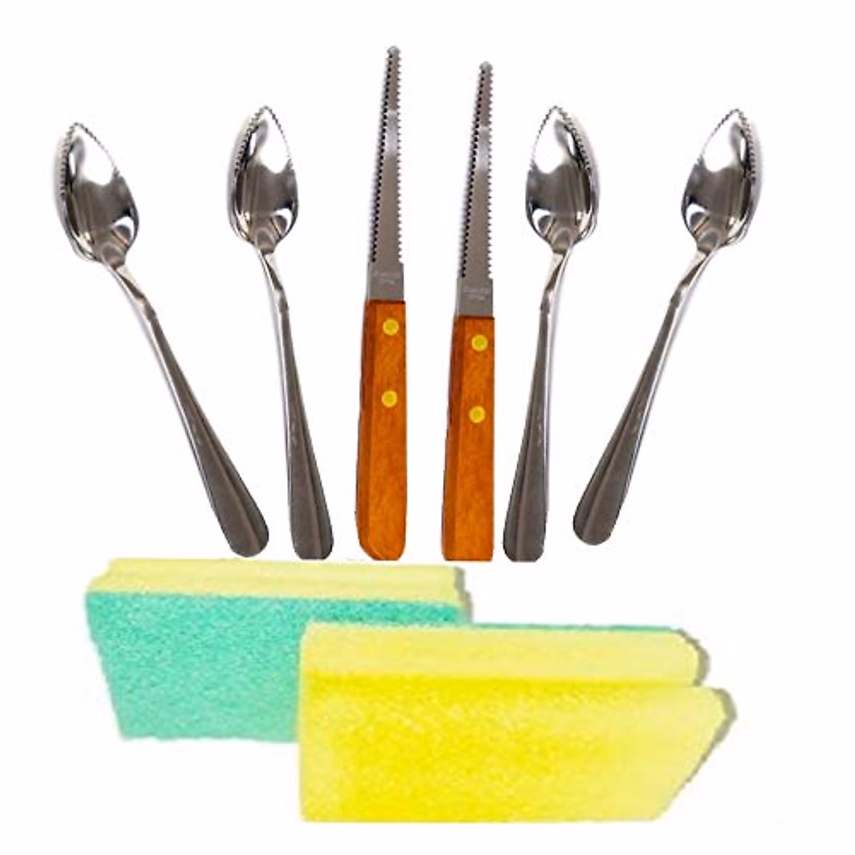 Four (4) Grapefruit Spoons and Two (2) Grapefruit Knives, Stainless Steel, Serrated Edges With BONUS Sponges
