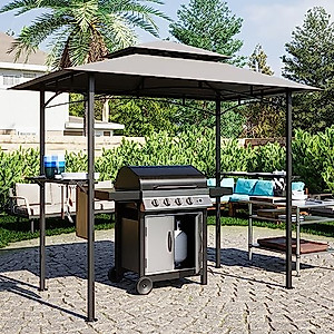 TRIPLE TREE 8 x 5 FT Grill Pergola Tent with Air Vent,Double Tiered Outdoor BBQ Gazebo with 2 Side Shelves,10 Hooks,Bottle Opener,Outdoor Barbecue Canopy for Patio,Garden,Beach,Backyard,Gray