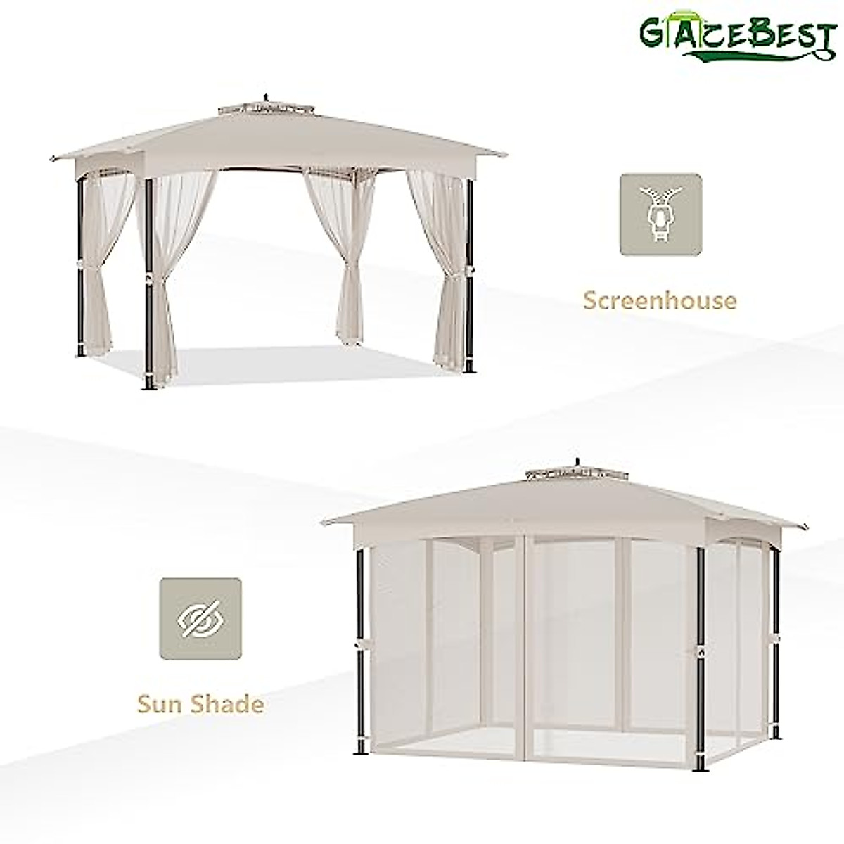 LATTOY Metal Patio Gazebo 10'x12' Waterproof Canopy Shelter with Double Roof and Steel Frame pergola Instant Shade Canopy Tent with Mosquito Nettings for Patio,Garden,Yard