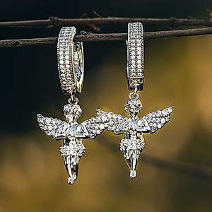 HELLOICE Praying Angel Wing Earrings Iced Out Dangle Drop Earrings 18K White Gold Plated 5A CZ Stone Dangling earrings Lightweight Religious Earrings for Women & Men