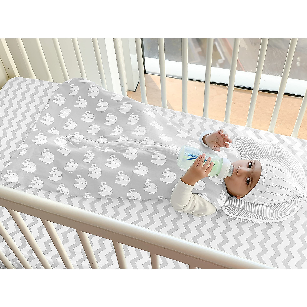 BaeBae Goods Premium Crib Sheets for Baby Boys and Girls, 4 Pack, Soft and Breathable Jersey Knit Fitted Sheet Set, Grey and White, Cute Gender Neutral Nursery Mattress Bedding, Universal Fit