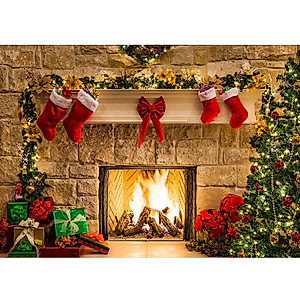 XLL Christmas Photography Backdrops Christmas Fireplace Decoration Background for Photo Happy Holiday Party Decoration Props 7x5FT(210CM X 150CM)