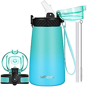 GOPPUS Kids Insulated Water Bottle 12 oz BPA-FREE Double Wall Vacuum Stainless Steel Kids Cup Leakproof Metal Water bottles with Straw & Spout Lid Strap Handle