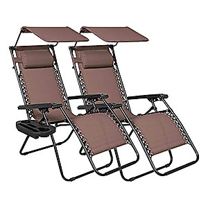 Zero Gravity Chairs Set of 2 Clearance with Sunshade Canopy and Cup Holder Tray Padded Adjustable Antigravity Lounge Folding Chair Patio Lounge Chair for Outdoor, Camping, Patio, Lawn, Brown