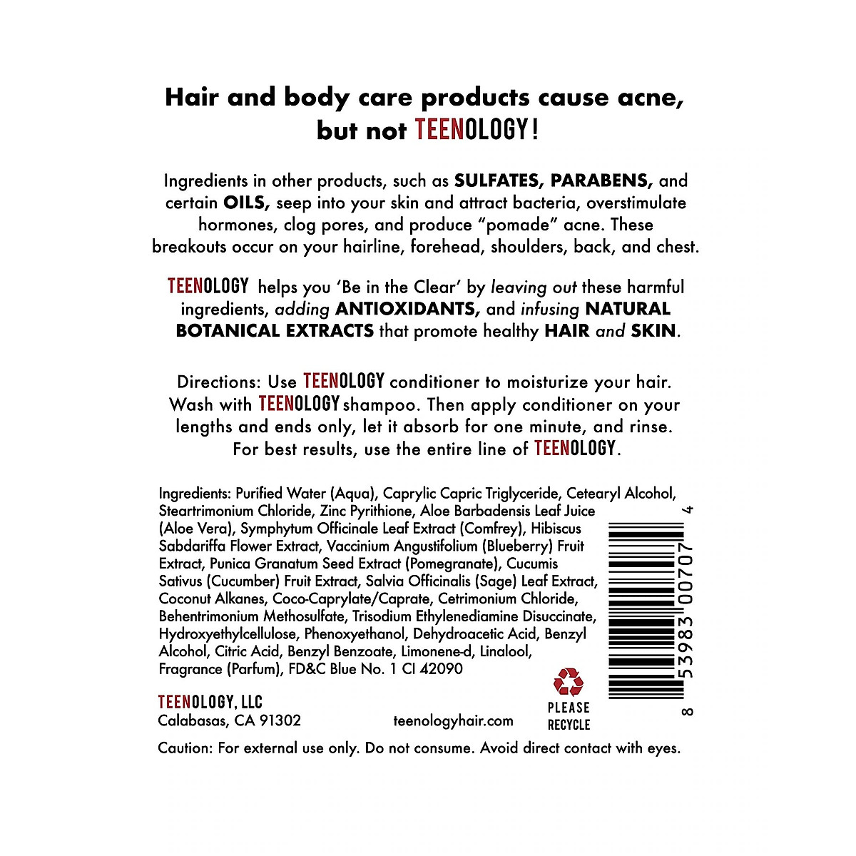 Teenology Conditioner for Teens - Avoid Forehead and Body Acne - Sulfate and Paraben Free, Noncomedogenic, Natural Botanical Extracts, Blueberry Pomegranate Cucumber - 16 oz.
