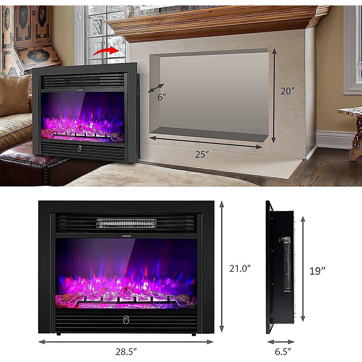 Topment 28.5" Recessed Electric Fireplace, Freestanding Fireplace Insert with Touch Screen Control Panel, Remote Control, Over-Heating Protection, 750-1500W Recessed in-Wall Heater with Timer