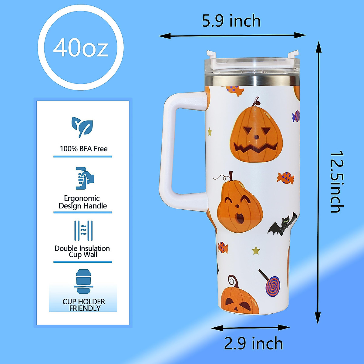 TINVSKQQKJ 40oz Pumpkin Tumbler Double Stainless Steel Insulated Halloween Cup,Stainless Steel Coffee Tumbler with Handle Double Vacuum Leak Proof Travel Coffee Mug Halloween Gifts for Women