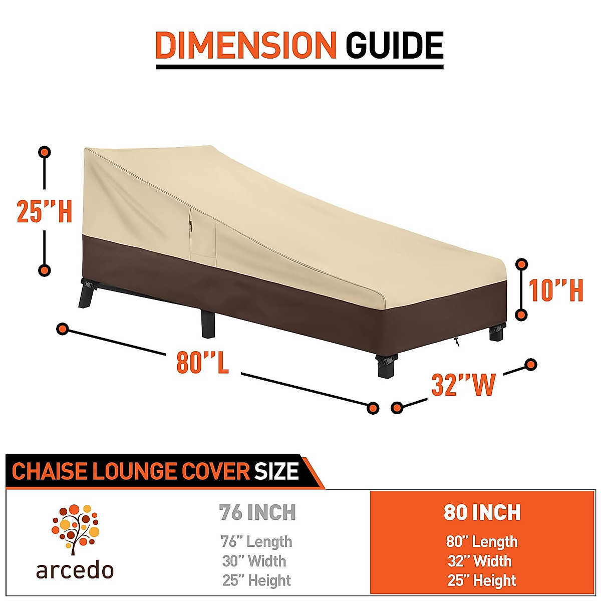 Arcedo Outdoor Chaise Lounge Cover, Waterproof Patio Chaise Lounge Chair Cover with Air Vents, All Weather Resistant Patio Furniture Covers, 80" L x 32" W x 25" H, Beige and Brown