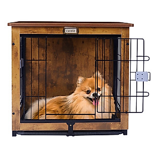 COPAW Dog Crate Furniture - 27 Inch Wooden Wire Pet Kennels with Double Doors Cushion and Removable Tray Wooden Indoor Decorative Pet House End Table Furniture Style Dog Crate for Small to Large Dog