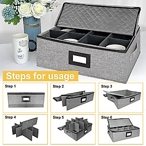 Coffee Mug Storage Box with Dividers, Durable China Storage Containers for Coffee Mugs, Tea Cups Storage Organizer with Lid, Handles, Label Window, Holds 12 Mugs, Hard Shell and Stackable (Grey)