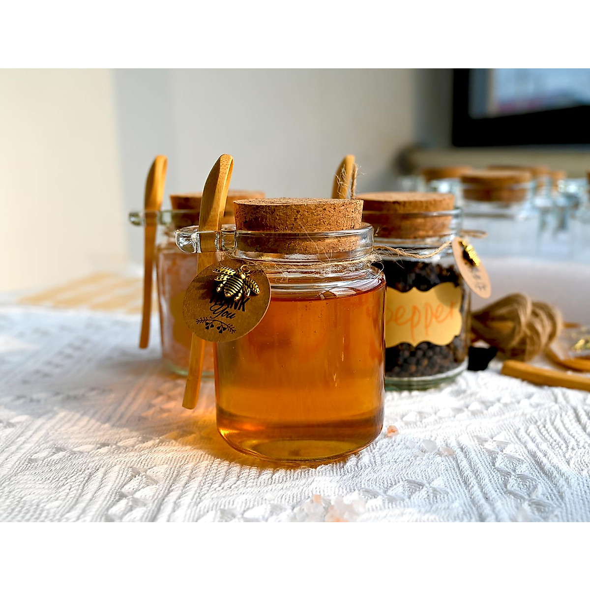 Ahhute Glass Storage Honey Jars with Cork Lids, Bamboo Spoons,Brush and Lables - Glass Canning Jars for Bath Sea Salt, Spices, Teas, Candy, Candle Making,Diy and Art,Dishwaresafe,12 Pack, 250ml/8oz