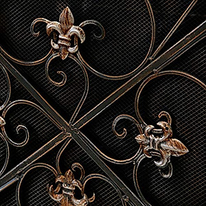 Deco 79 Metal Scroll Fireplace Screen Foldable Arched 3 Panel with Fleur De Lis Accents, 52" x 1" x 31", Black