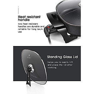 HUIDANGJIA Electric Skillet, Roast, Fry and Steam,Heat Resistant Handles,12" Deep Dish Nonstick Frying Pan with Tempered Glass Lid,1360W Electric Griddle,Black