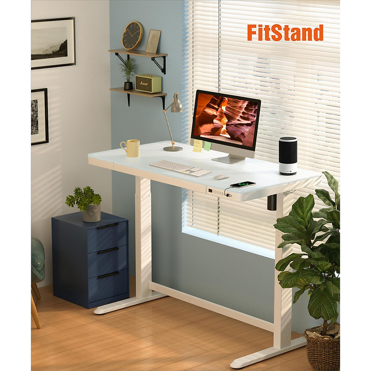 FitStand Standing Desk with Glass Desk Top, 48 Inches Height Adjustable Desk with Drawer,Electric Home Office Desk with USB Charge Ports& Child Lock, Stand Up Computer Desk