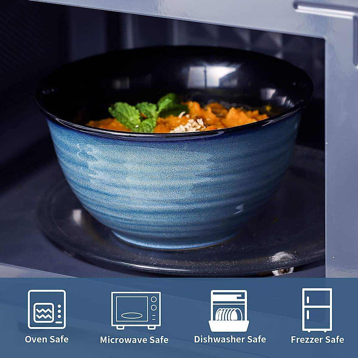 Hasense Ceramic Soup Bowls Set of 4, 40 Ounce Large Cereal Bowls for Kitchen, Deep Serving Bowls for Salad Pasta Ramen Pho Popcorn, Dishwasher Microwave Safe, Navy Blue