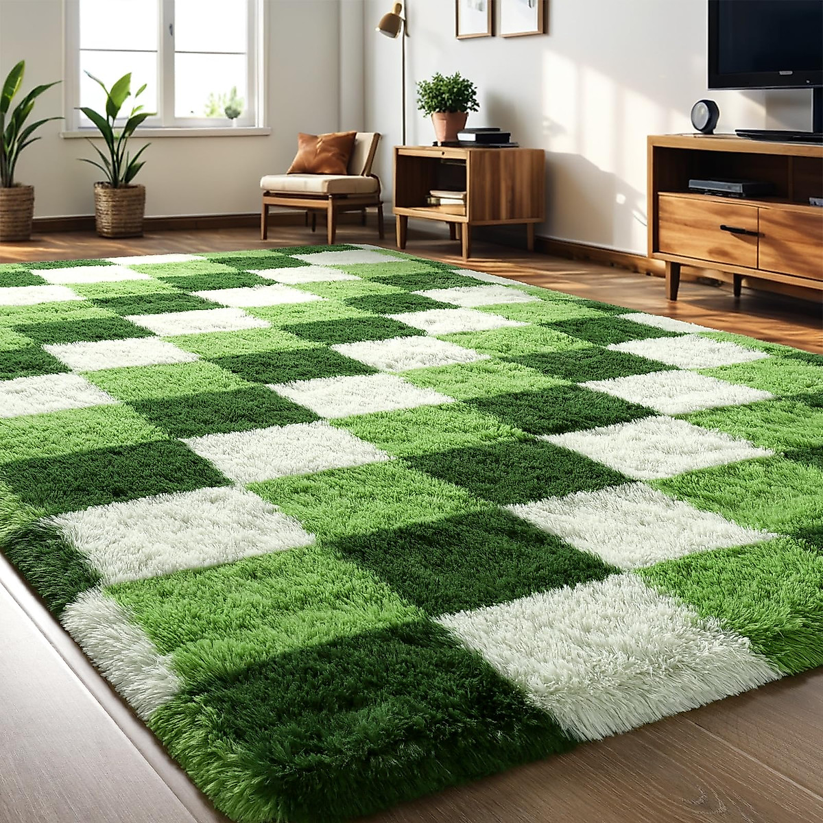 Larhom Modern Checkerboard Rug for Living Room Bedroom, 4x6 Ft Green Checkered Fluffy Carpet, Thickened Memory-Foam Area Rug for Kids Nursery Dorm, Home Decor, Anti-Slip and Easy to Clean