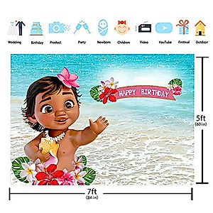 Moana Happy Birthday Backdrop Summer Beach Birthday Party Photography Background for Girl Baby Shower Kids Children Cake Table Decoration Supplies Banner 7x5FT