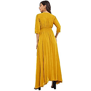 Milumia Women's Button Up V Neck Half Sleeve Split Flowy Plain Party Maxi Dress Yellow X-Large