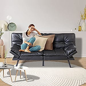 Opoiar Futon Sofa Bed,Faux Leather Convertible Sofa Bed,2 Seater Sofa Couch,Futon Couch,Memory Foam Sleeper Sofa with Quick Adjustable Armrest & Backrest for Compact Living Spaces,Black