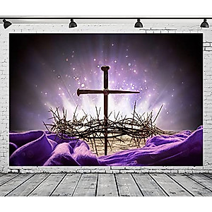 Loccor Fabric 7x5ft Crucifixion of Jesus Backdrop Crown of Thorns Cross Nail Holy Light Photography Background Purple Easter Religious Banner Christian Church Event Party Decoration Photo Booth Props