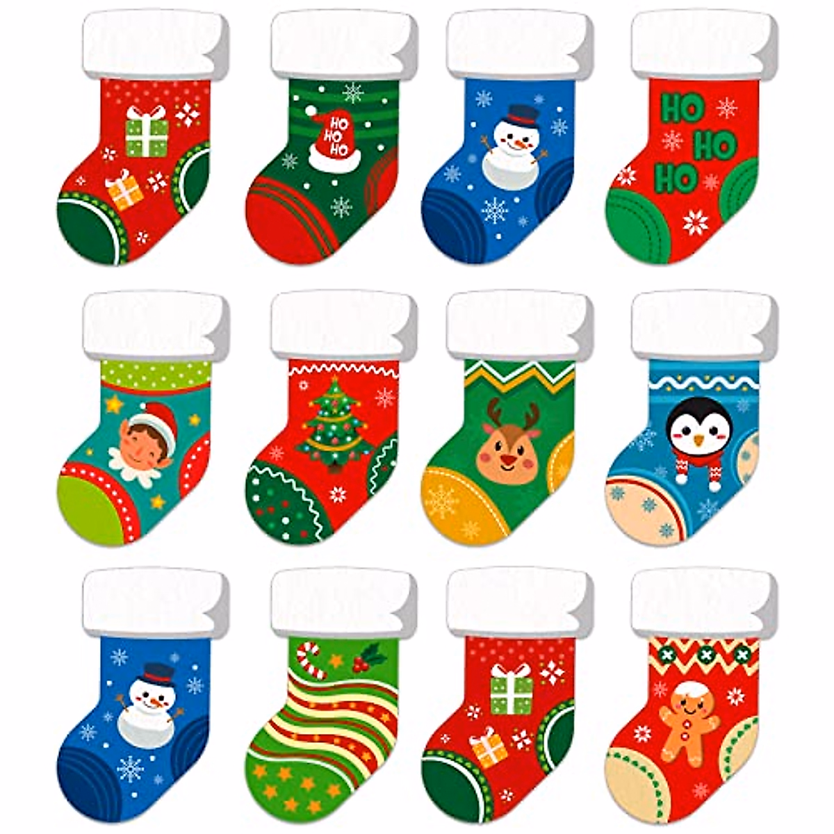 SICOHOME Christmas Cut-Outs for Classroom 4"x6" Assorted Xmas Stocking Cut-Outs with Glue Point Dots for Winter Bulletin Board Classroom School Christmas Candy Party Decorations