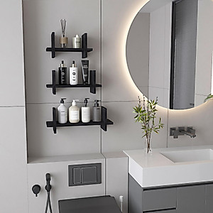 CRUGLA Black Floating Shelves Wall Mounted Set of 3, Hanging Storage Floating Book Shelf for Kitchen, Bedroom, Living Room, Study Room, Bathroom