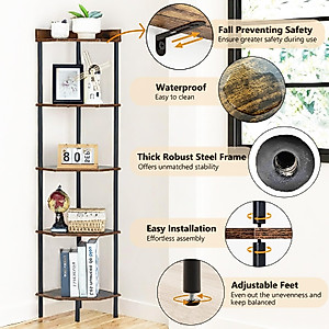 Corner Shelf Stand, Tall Corner Book Shelf Industrial 5 Tier Corner Display Rack Multipurpose Shelving Unit Corner Bookcase for Small Spaces Living Room Bedroom Home Office (Rustic Brown-5-Tier)