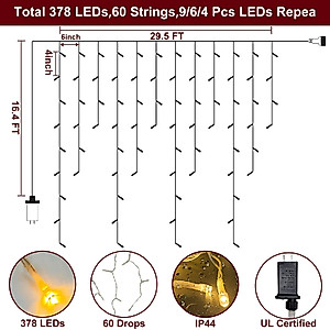 378LED Icicle Christmas Lights Outdoor Decoration 29.5 Ft 8 Modes 60 Drops Christmas Fairy String Curtain Lights Christmas Decoration Eaves Window Holiday Yard Garden Indoor Home (Warm White)