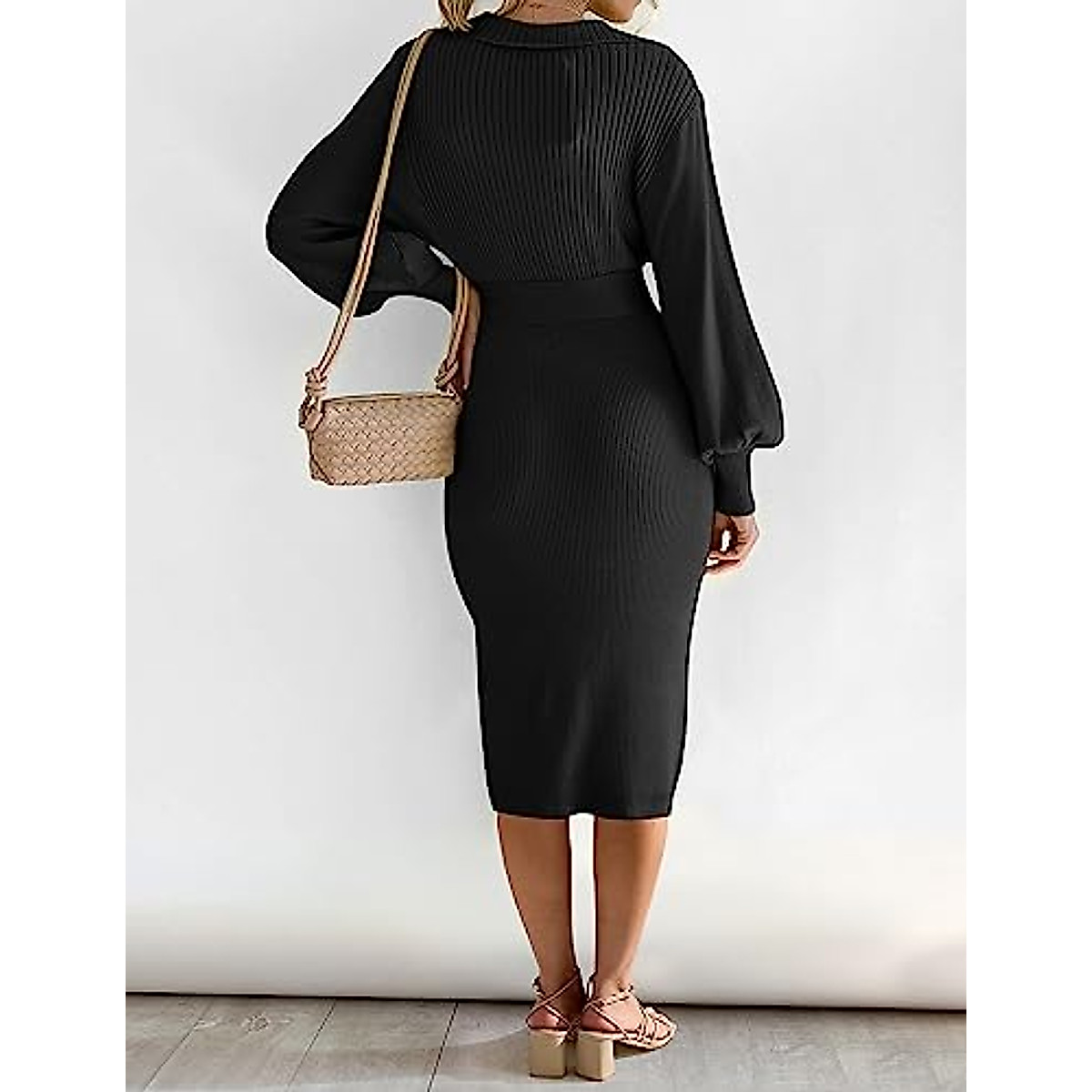 Chriselda Black Sweater Dress for Women Casual Long Sleeve V Neck Side Slit Knit Ribbed Midi Bodycon Dresses Winter Wedding Guest Dresses,Black, M
