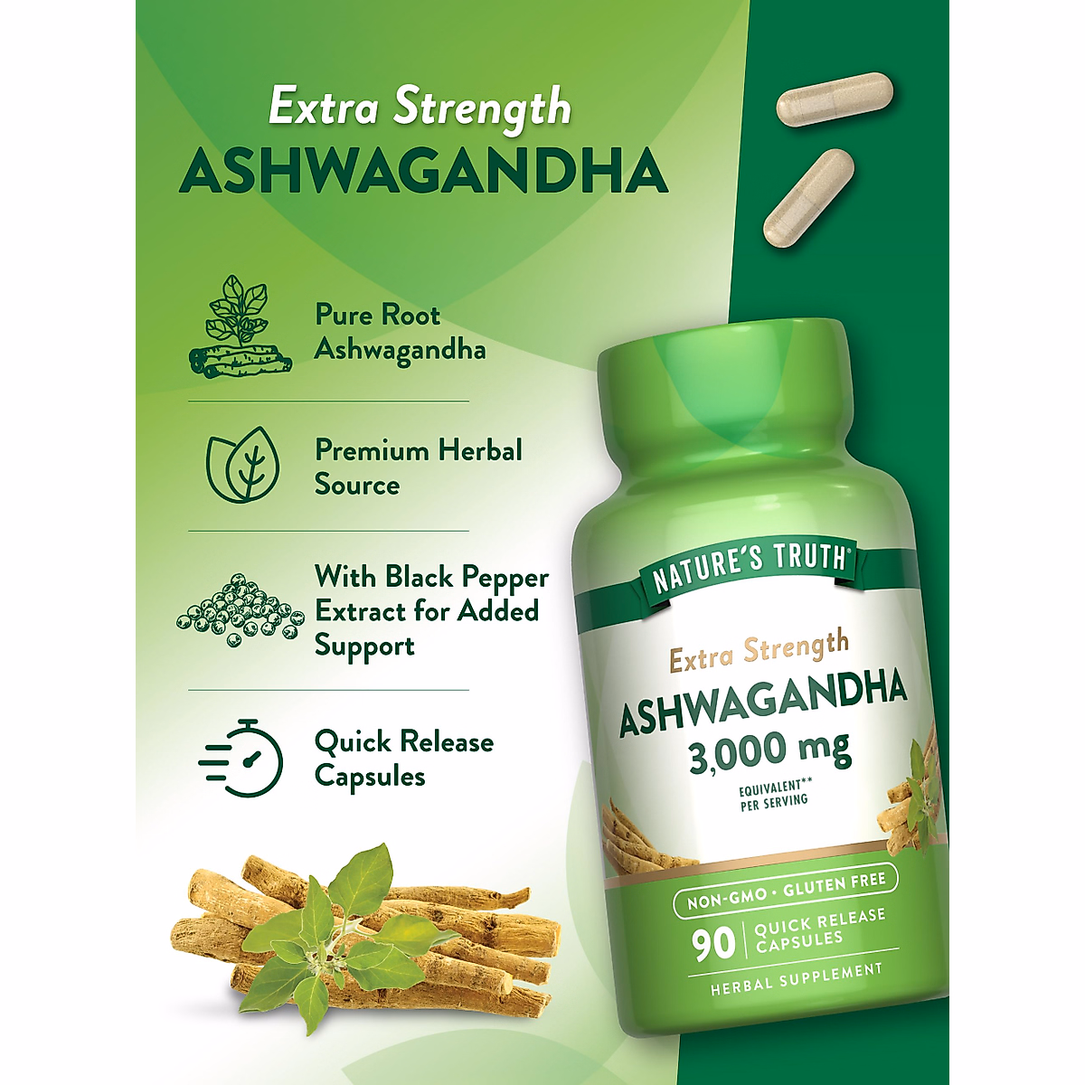 Nature's Truth Ashwagandha Capsules | 3000mg | 90 Count | Extra Strength | Ashwagandha Root Supplement with Black Pepper | Non-GMO & Gluten Free Supplement