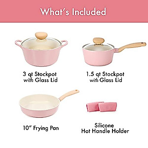 Neoflam Retro 5-Piece Ceramic Nonstick Cookware Set, PFOA Free Pots and Pans with Integrated Steam Vent Lid knob prevents boil over and Heat Resistant Silicone Grips for safer cooking at kitchen, Pink