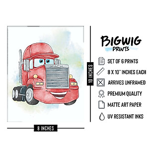 BigWig Prints Cars Poster Set - Cars Room Decor for Boys And Girls, Lightning Mcqueen Room Decor, Wall Art for Kids Bedroom, Sheriff Guido Lightning McQueen Mack Red Mater - 9 Pack (8x10”) Unframed