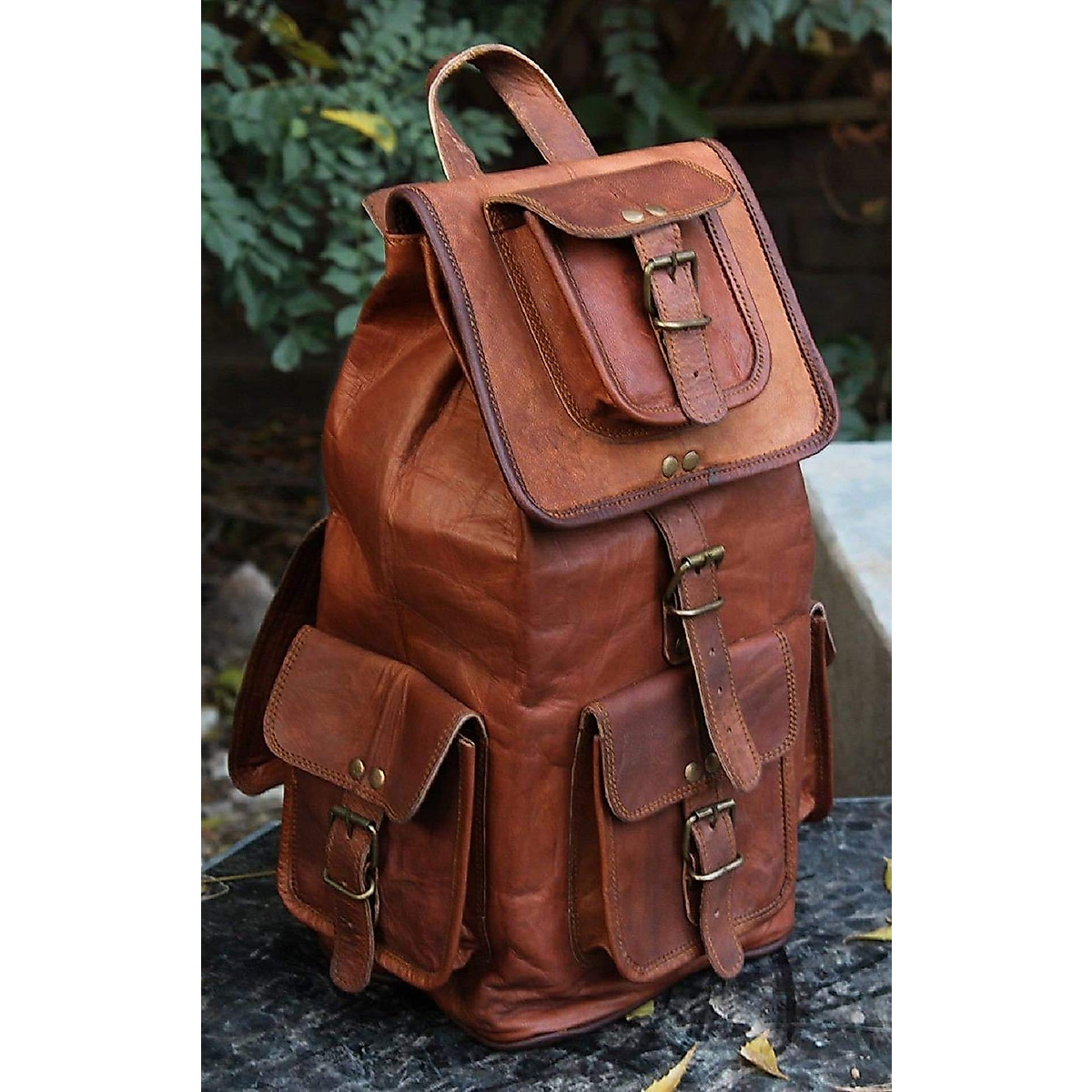 GifteQ Retro Travel Rucksack Backpack Brown Leather Bag for Men Women (18")