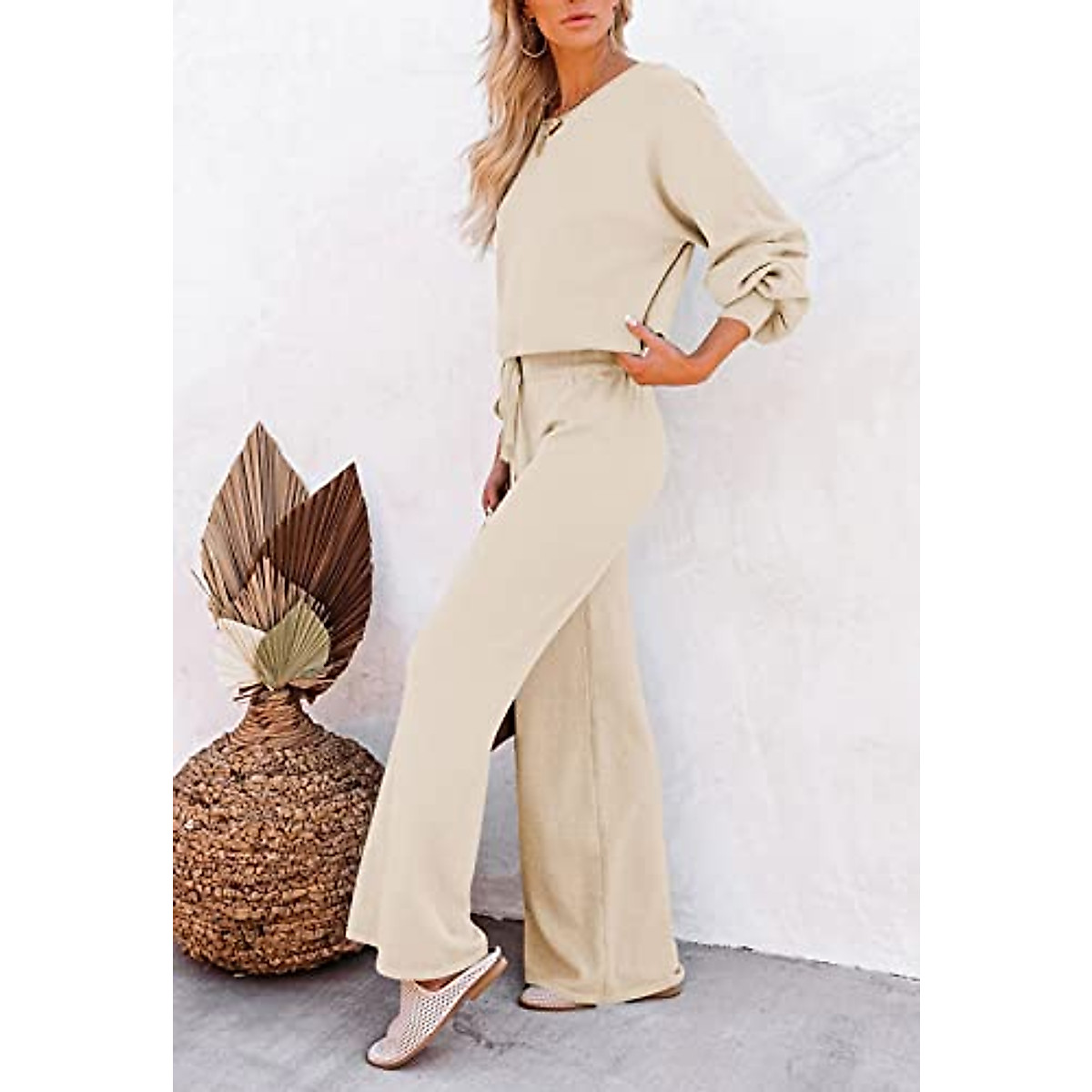 Pink Queen Women's 2 Piece Knit Sweatsuit Puff Sleeve Cropped Sweater Top and Long Pants Tracksuit Lounge Set Beige XL